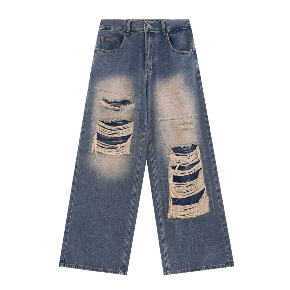 American High Street Loose Straight Patch Ripped Jeans | AOKLOK ...