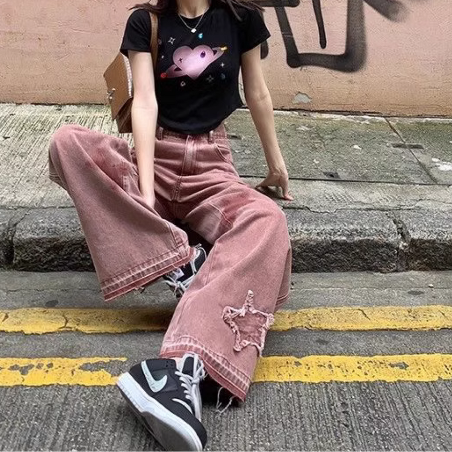Women's Pink Star Patch Jeans – AokLok (Kclot)